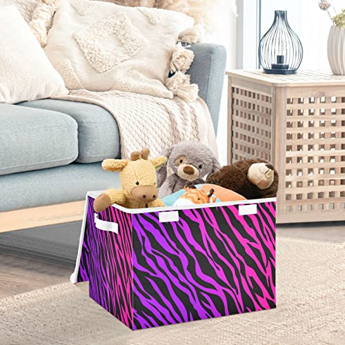 xigua Zebra Print Wallpaper Storage Bins with Lids Foldable Large Cube Storage Boxes with Handles for Home Bedroom Closet Office (16.5x12.6x11.8 in)