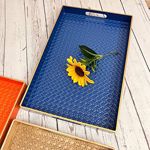 Umisriro Navy Blue Serving Tray with Handles, Plastic Decorative Tray for Ottoman, Coffee Table, Living Room, Kitchen 15.7βx10.2β