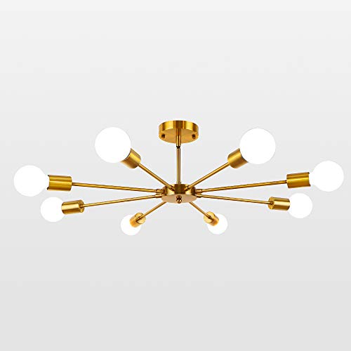 LynPon Gold Sputnik Light Fixture 8 Lights Semi Flush Mount Ceiling Lights Brass Chandelier Industrial Pendant Lighting for Kitchen Dining Living Room Bedroom