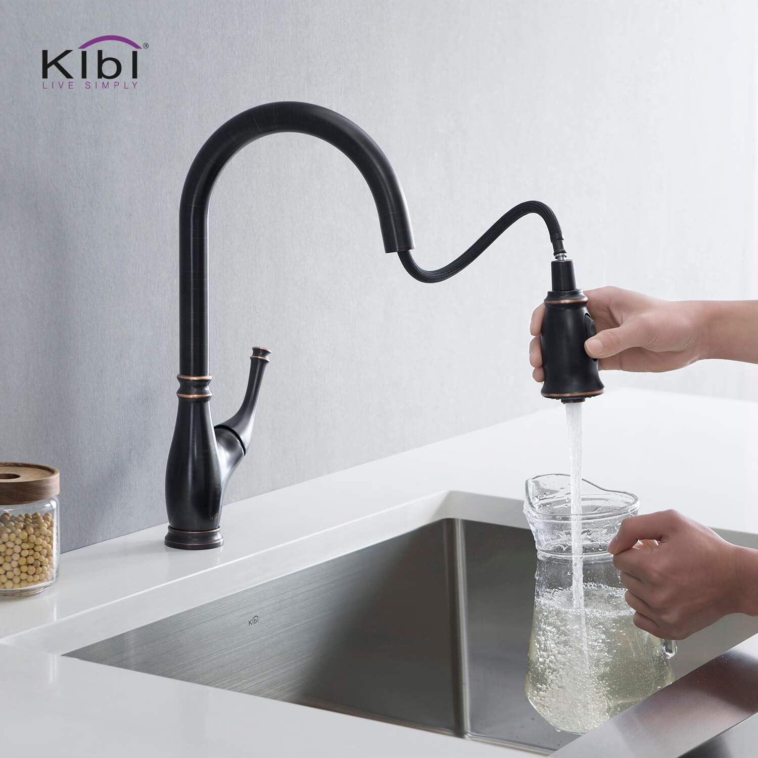 KIBI Summit Single Handle Pull Down Faucet for Kitchen Sink | Solid Brass High Arc Faucet Spout | 360 Degree Swivel Faucet with Pull Down Sprayer (Oil Rubbed Bronze)(KKF2009)(Soap Dispenser included)