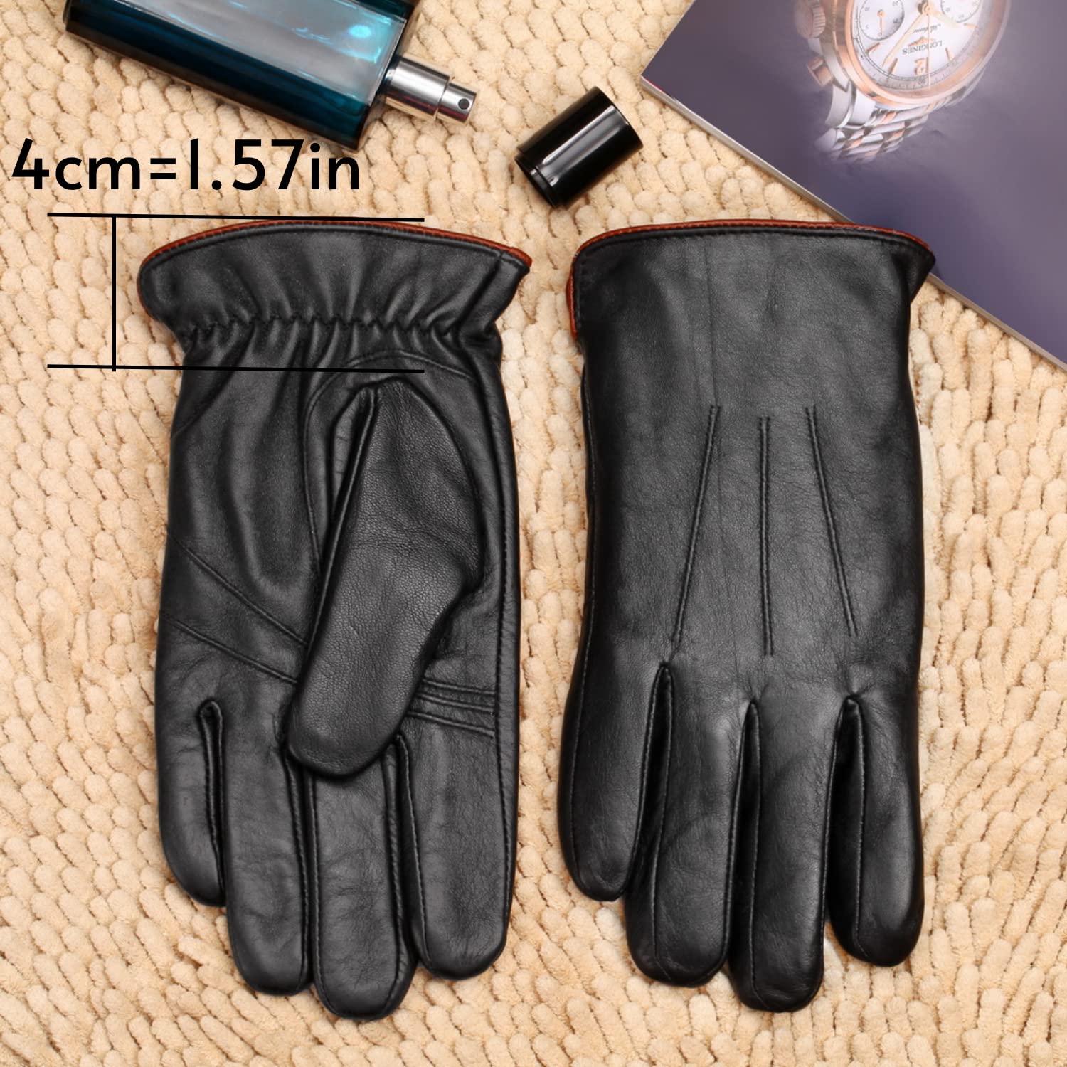 MaxW Autumn Winter Mens Leather Gloves Black Touchscreen Sheepskin Gloves Soft Warm Driving Cycling Mitten Faux Rabbit Fur Lining L
