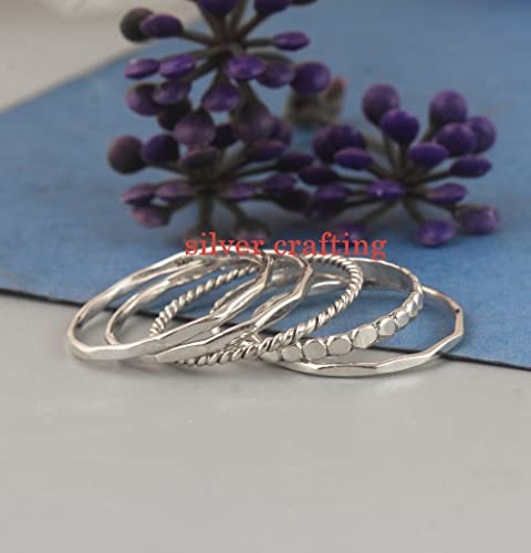 Set Of Five Mixed Stacking Sterling Silver Ring Modern Handmade Stacking Set Beaded Twisted Hammered Ring Jewellery Gift (10.5)