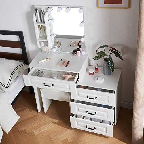 Xinhonglei Modern Makeup Vanity Dressing Table with 10 Led Lights Mirror, Vanity Desk with 4 Drawers & Stool, White Large Vanity Set for Women Girls' Bedroom Furniture