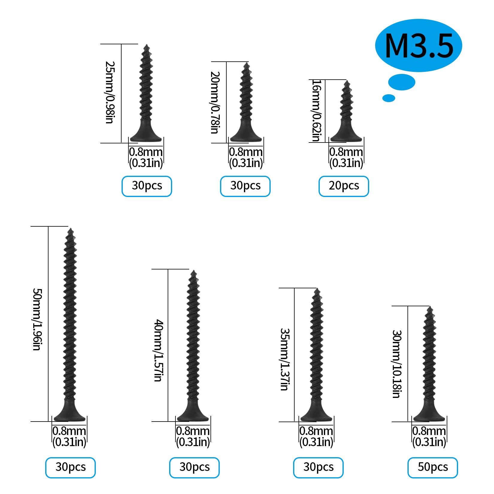 YOUYIDUN - 220 Pieces Black Wood Screws Assortment Kit, Phillips Drive Truss Head Flat Head Self-Tapping Screws, Carbon Steel Screws for Wood, M3.5 x (16/20/25/30/35/40/50) mm