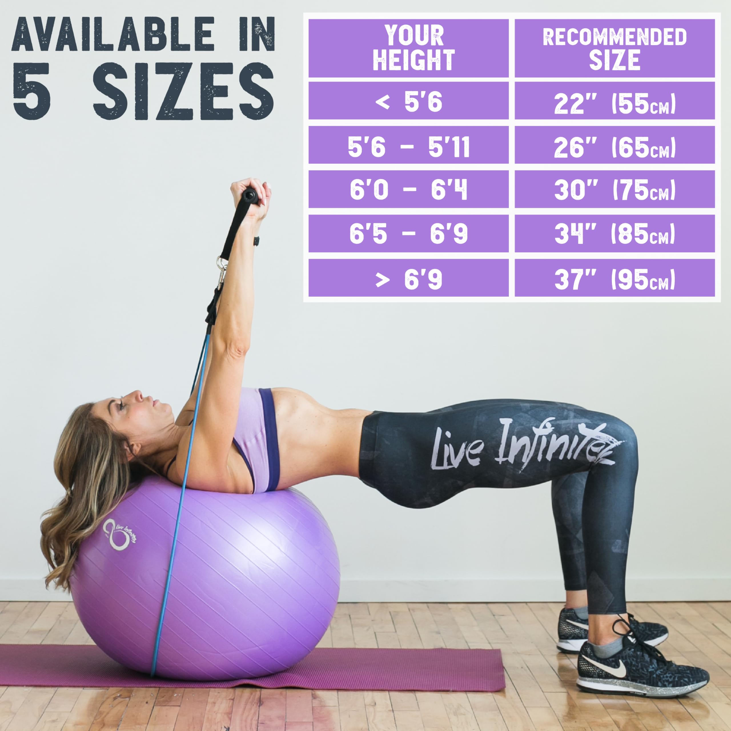Live Infinitely Exercise Ball (55cm-95cm) Extra Thick Professional Grade Balance & Stability Ball- Anti Burst Tested Supports 2200lbs- Includes Hand Pump & Workout Guide Access