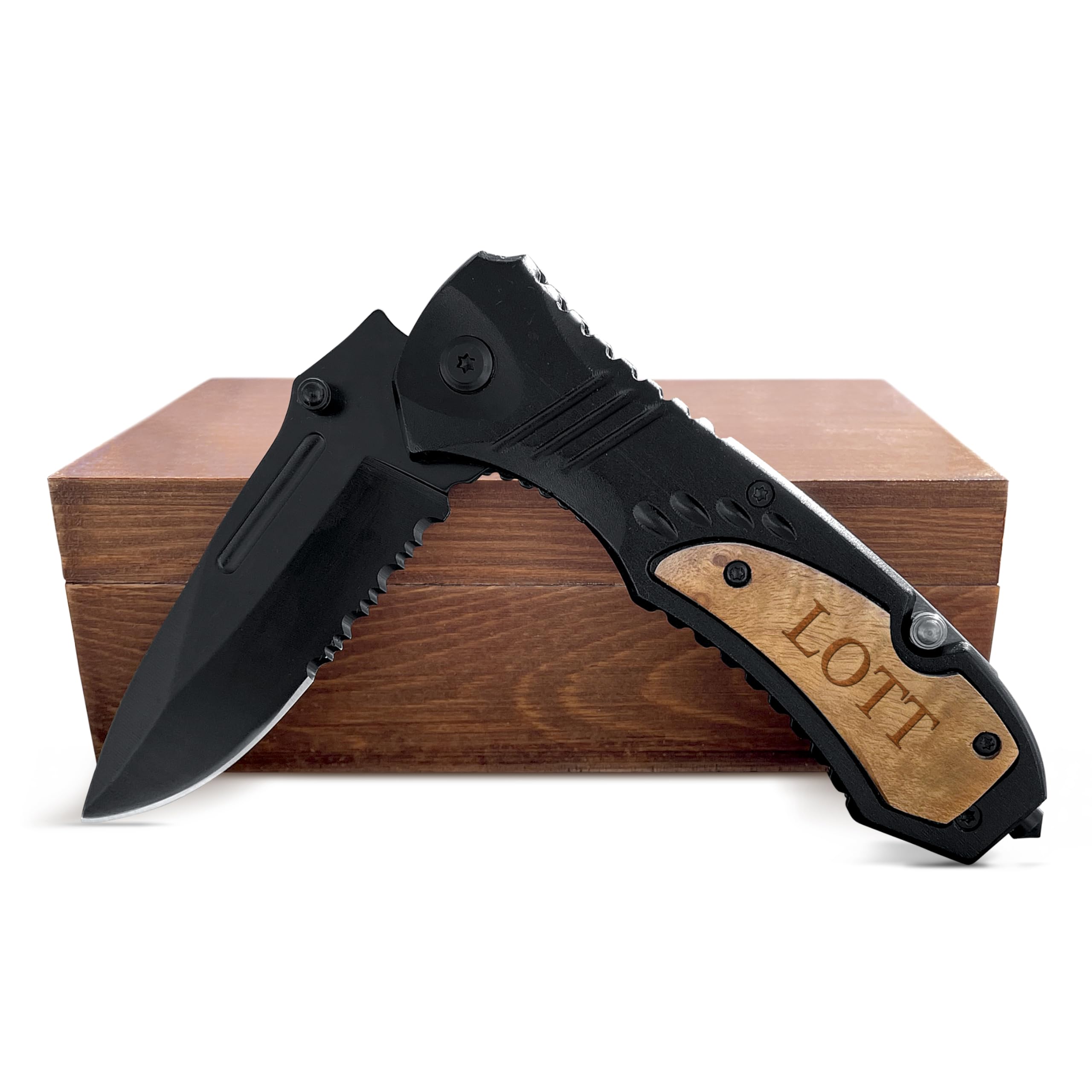 Krezy Case Personalized Knife For Men Engraved, Custom Pocket Knife With Wood Box, Folding Knife For Men, Black 3 Mm Thick Stainless Steel Blade Pocket Knife, Gift For Him