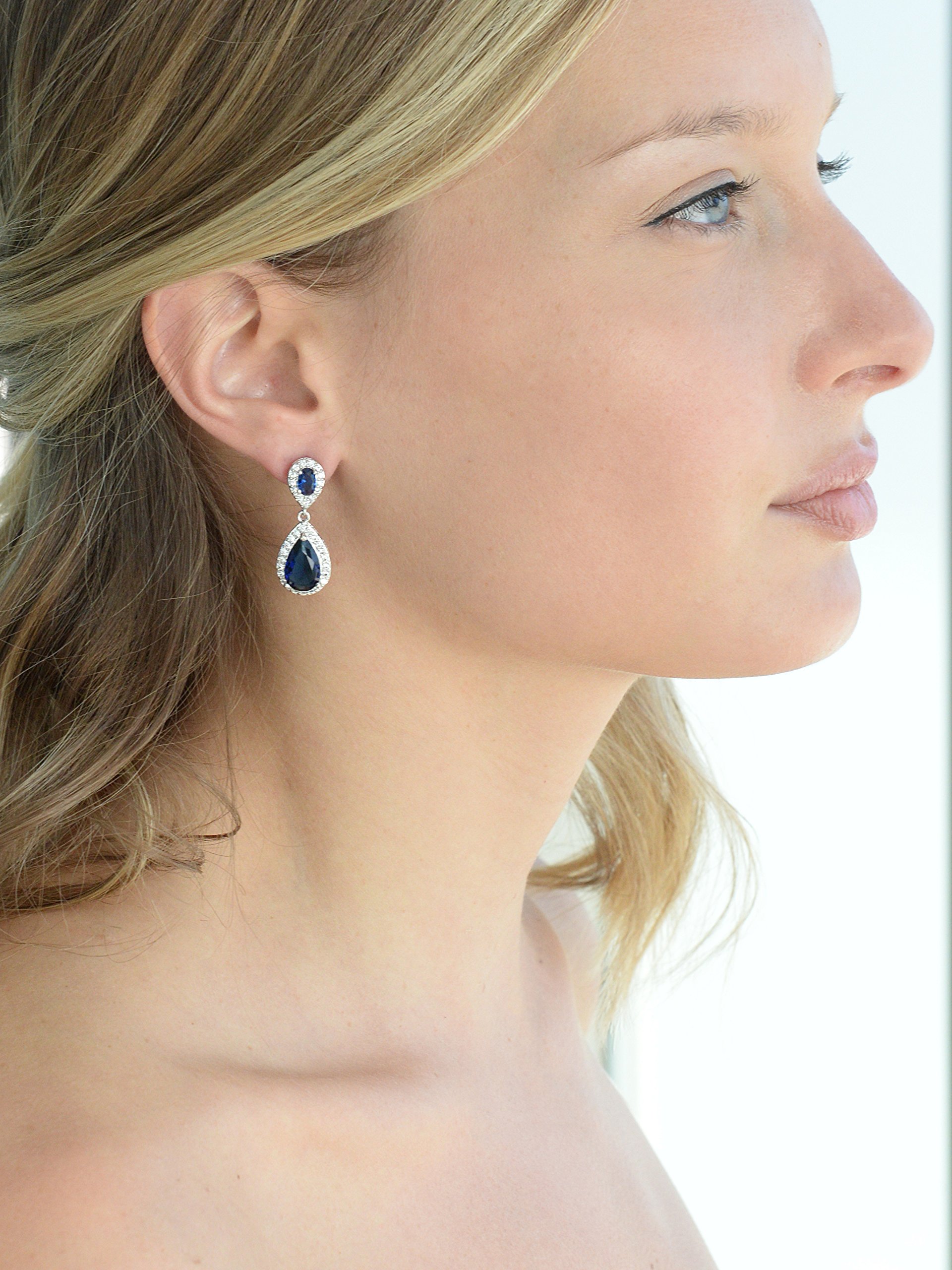 Mariell Sapphire Cubic Zirconia Teardrop Earrings for "Something Blue" Bridal or September Birthstone