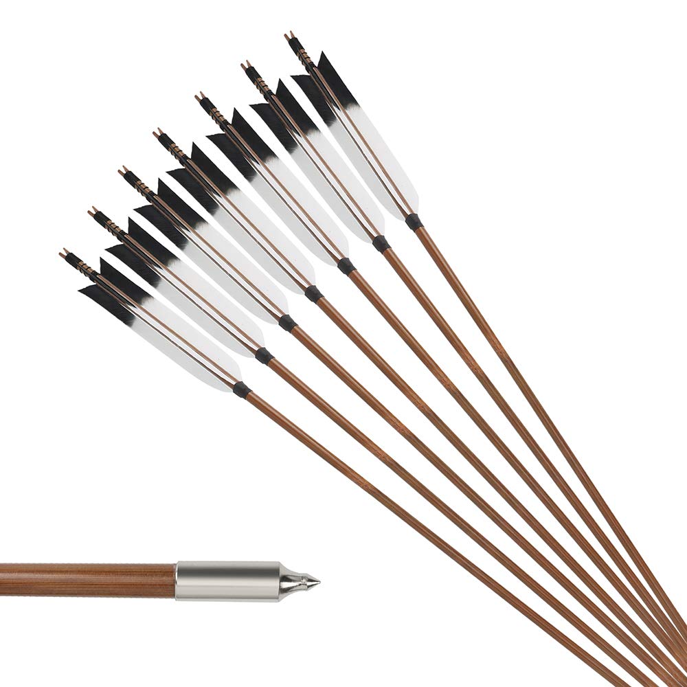 PG1ARCHERY Archery Bamboo Arrows, 12 Pack 28-39INCH Targeting Hunting Arrow Self Nock 6.2" Turkey Feather Fletched for Longbow Traditional & Recurve Bow (30 INCH)