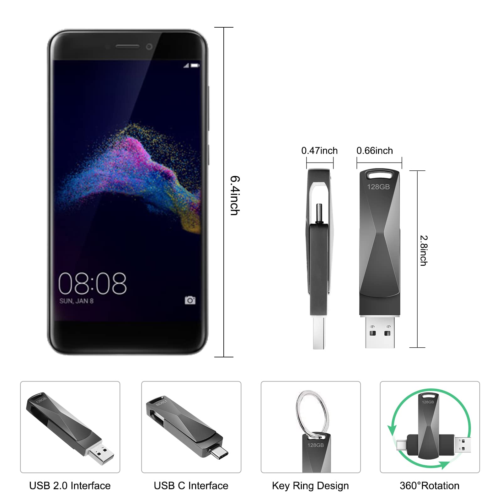 USB C Thumb Drive, Miaguroo 2 in 1 OTG Photo Stick, 128GB Flash Drive, Metal USB C Memory Stick, Waterproof USB Storage Flash Drive, Portable Pendrive for Android Phones, PC, Tablets, Laptops