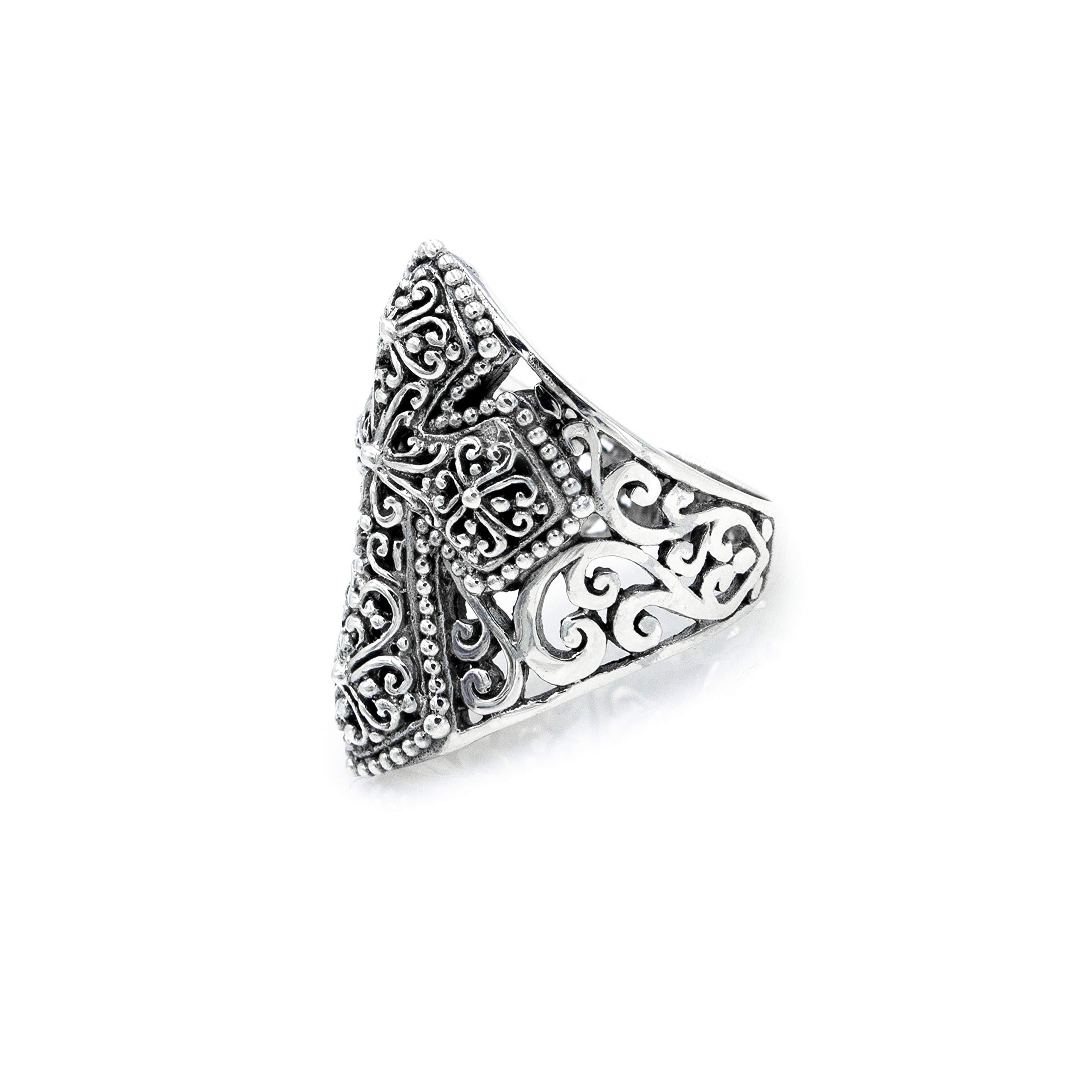 Sarda - .925 Sterling Silver Openwork Janyl Adair Filigree Pointed Cross Shield Statement Ring - Handmade by Bali Artisans - Size 6