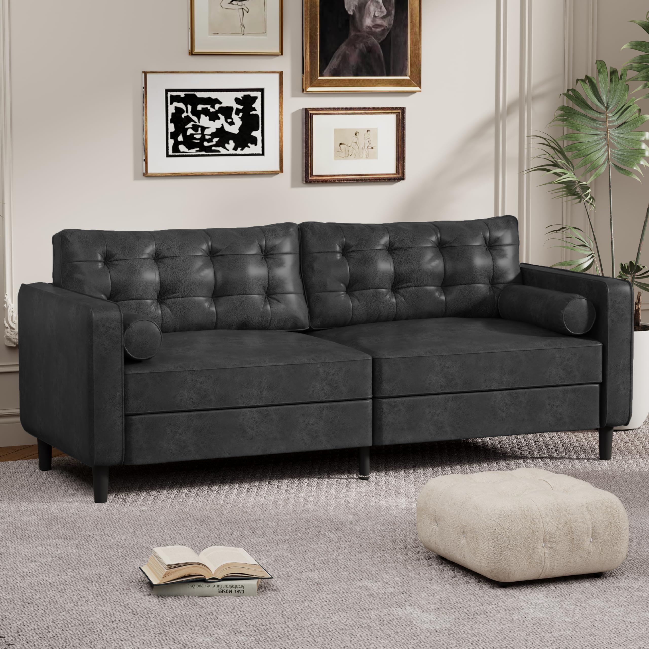 YODOLLA 84.2" Faux Leather Sofa Couch, Mid-Century Modern Sofa with 2 Bolster Pillows, 3 Seats Sofa Vintage Couch for Living Room, Studio and More, Black