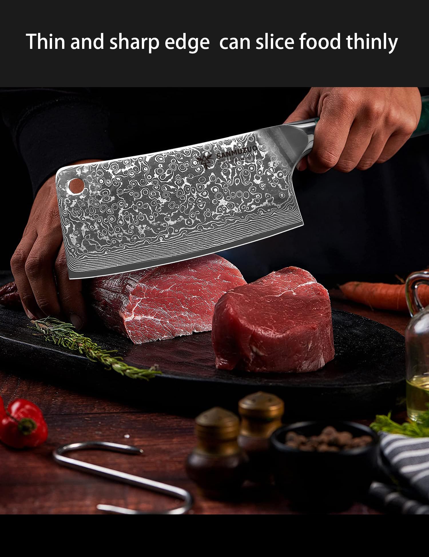 SANMUZUO Chopping Knife - 7 inch Cleaver Knife- Xuan Series - VG10 Damascus Steel Kitchen Knife - Resin Handle (Jade Green)
