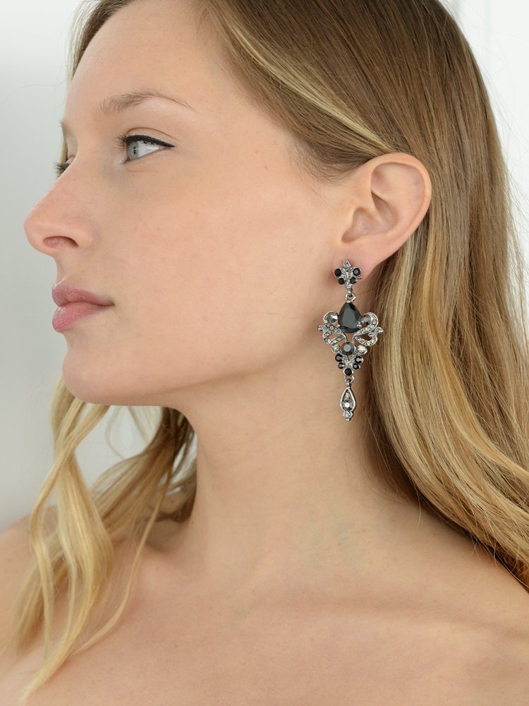 Mariell Vintage Black and Grey Crystal & CZ Chandelier Dangle Earrings for Fashion, Prom, Bridesmaids