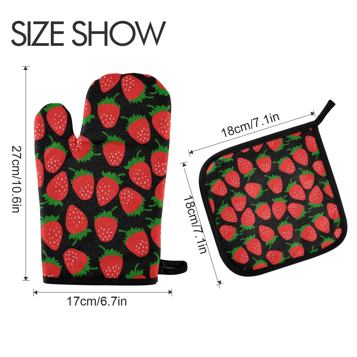 Pot Holders Oven Mitts Sets - Strawberry Fruit Cooking Gloves Hot Pads Non-Slip Potholders for Kitchen Grilling Cooking