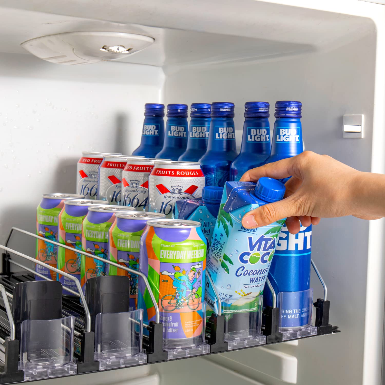 RULA Drink Organizer for Fridge, Self-Pushing Soda Can Dispenser for Refrigerator, Width Adjustable Water Bottle Pusher Glide, 16.2" D, 5 Rows, Black