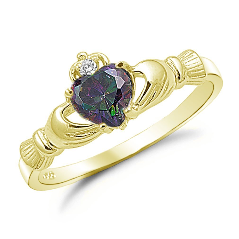 Kriskate & Co. Gold Tone Sterling Silver Simulated Rainbow Topaz Claddagh Ring Size 7