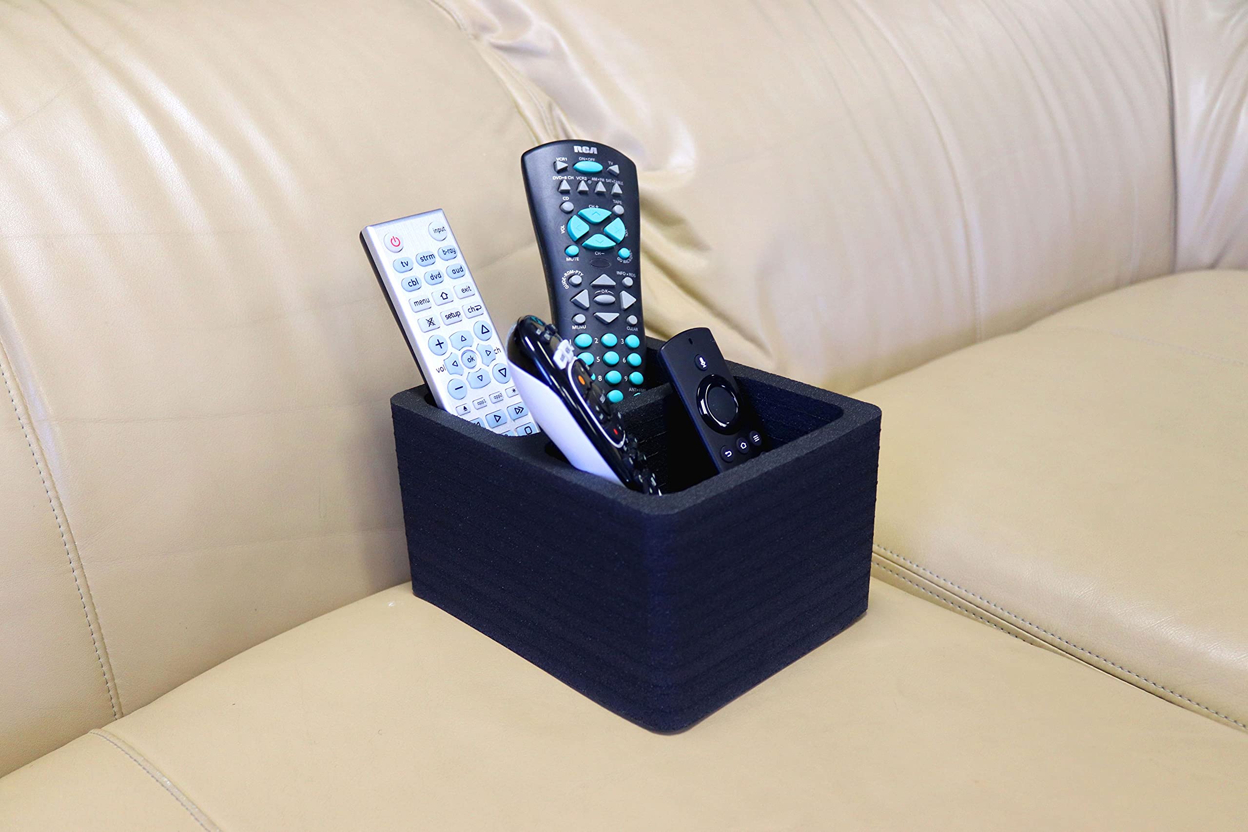 Polar Whale Remote Control Holder Stylish Storage Tray for Sofa Bed Couch Floor Car RV Lounge TV Room Desk or Table Durable Black Foam 2 Compartments 7.5 x 6 Inches