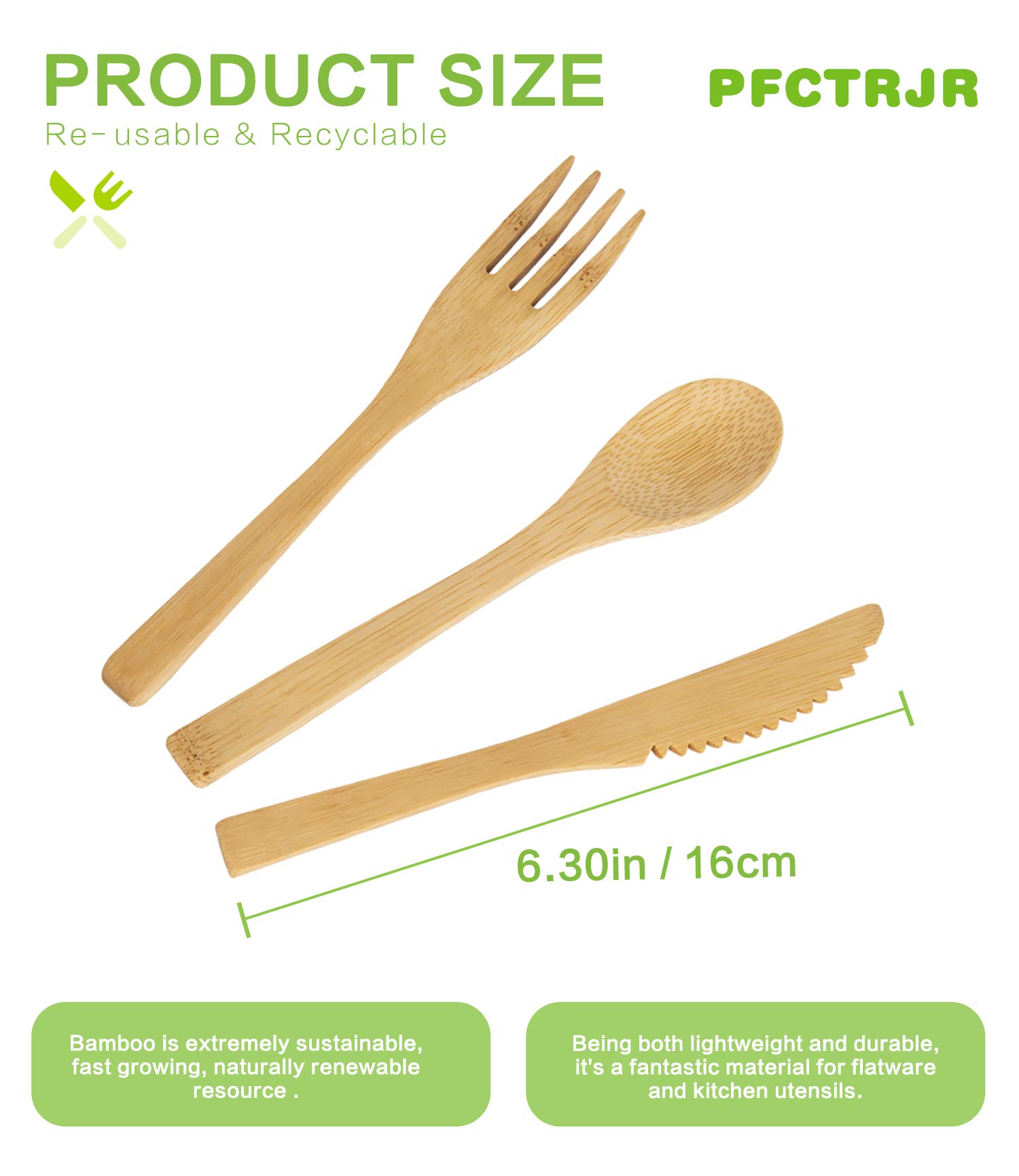 PFCTRJR Bamboo Cutlery Set -30 PCS Reusable Bamboo Utensil Fork Knife Spoon-Bamboo Flatware Sets for Camping, Travel, Picnic, Office, School,Bamboo Silverware Set with Pouch Bag