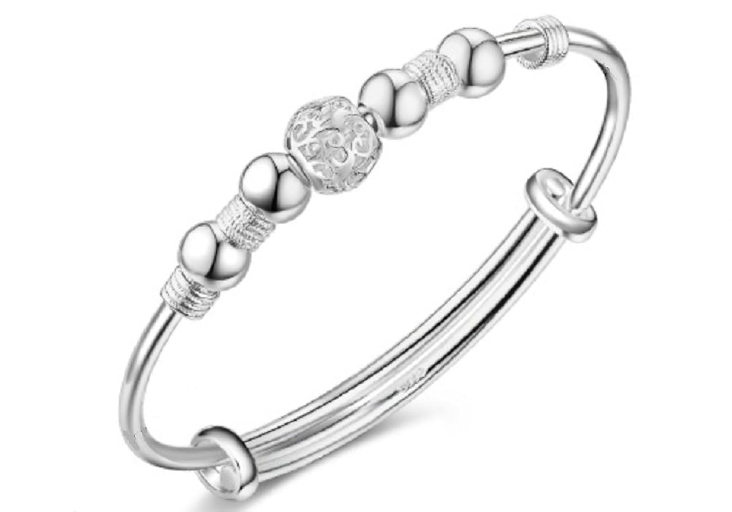 LMCIEZR Women's Simple Sterling Silver Beads Bangle Bracelet Transfer Lucky Beads Bracelet Cuff Bracelet Bangle with Open Design