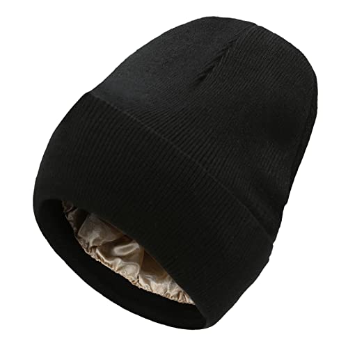 Satin Lined Beanie Silk Lined Winter Hats for Women Men Cuffed Silky Beanie Hat Soft Warm Ski Beanies Skull Cap Black
