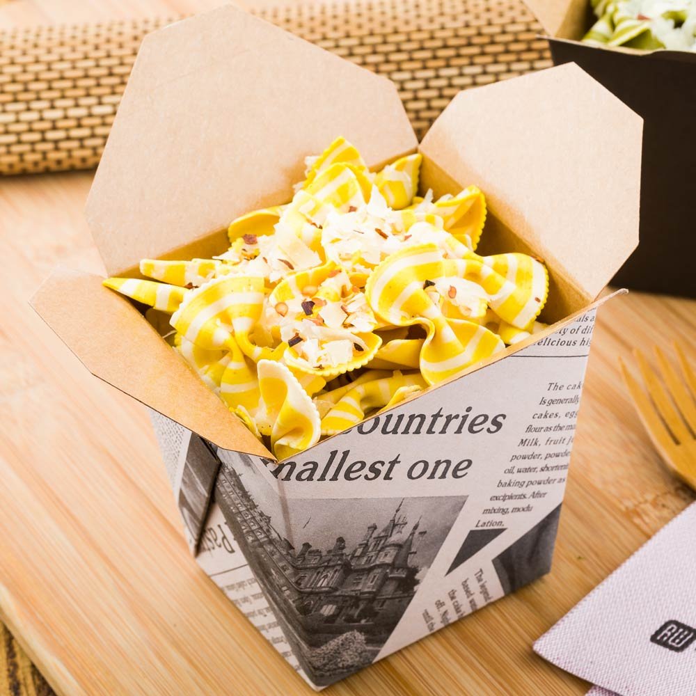 Restaurantware Bio Tek 4 x 3.5 x 4 Inch Food Containers 25 Durable Noodle Boxes - Disposable Sustainable Newsprint Paper 26-Ounce Takeout Boxes Square For Takeouts And Delivery Or Picnics