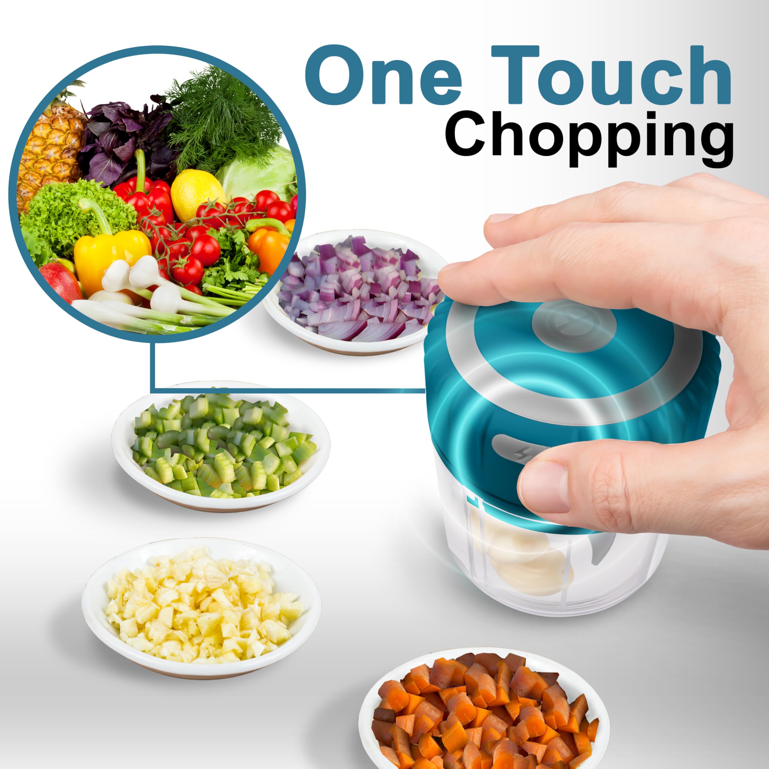 Real Simple Electric Mini Food Processor | Great for Garlic, Onion, Ginger, JalapeƱo, Mini Chopper for Quick Food Prep Station | Portable USB Charging, 250 ML Food Container | Blue