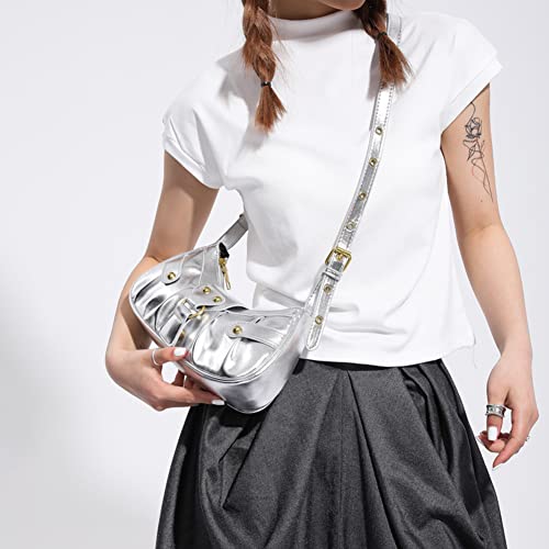 Y2k Purse for women, Silver Metallic Crossbody Shoulder Bag, Punk Hobo Bag Tote Handbag Satchel Bag