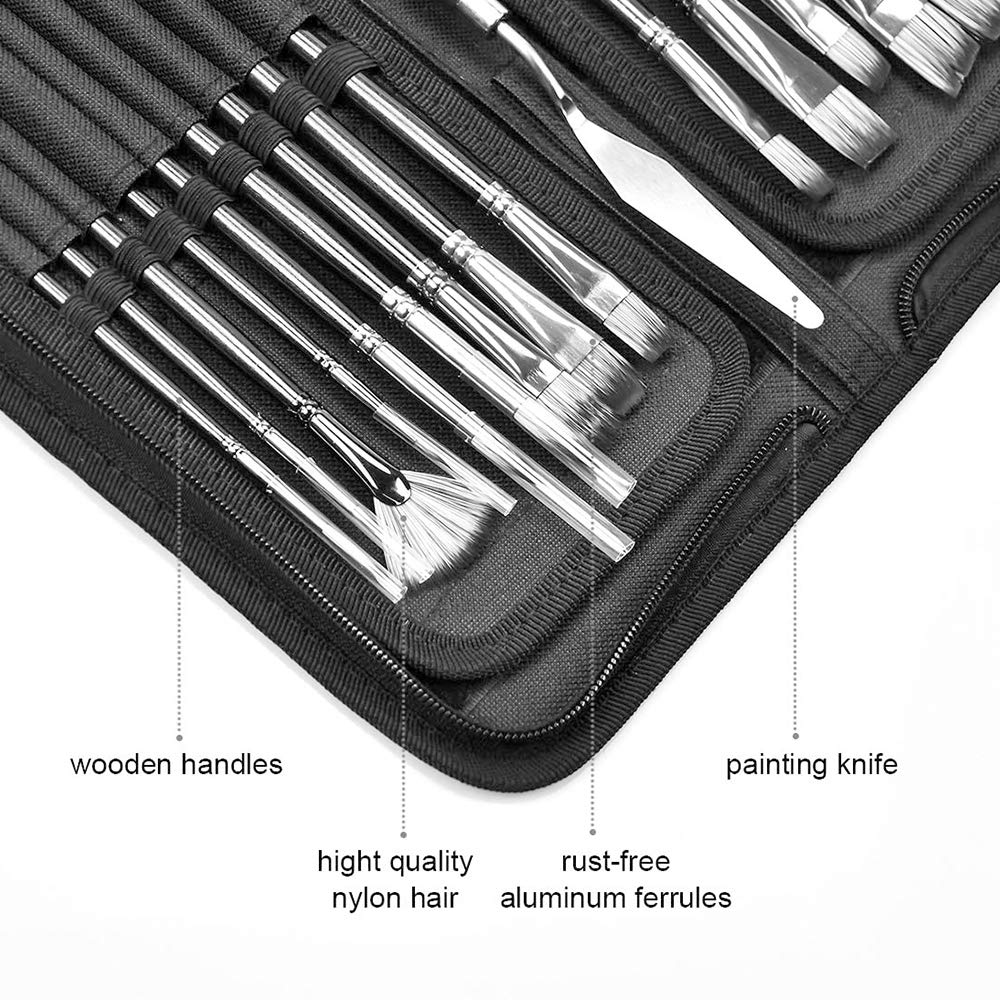 M JJYPET Paint Brush Set 17PCS for Acrylic Oil Watercolor Canvas Gouache Easter Painting Brushes for Child for Aduit (Black)