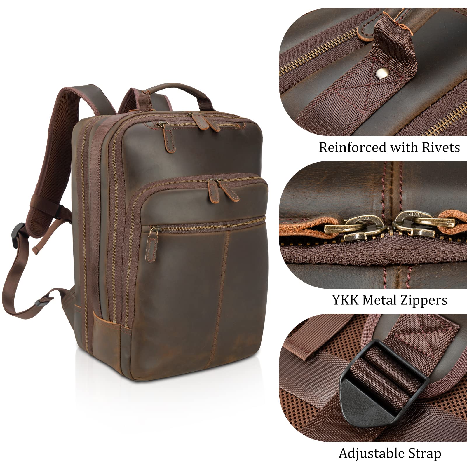 Polare 17.3 Inch Full Grain Leather Business Large Laptop Backpack 26L Travel Retro Daypack Weekender Computer Rucksack