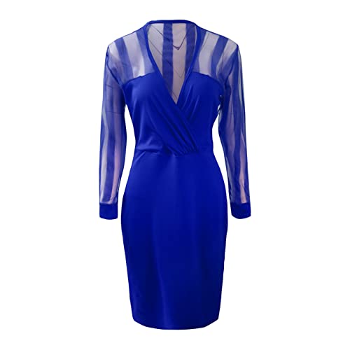 Pinkpaopao Striped Mesh Bodycon Dress for Women Solid Color Wrap V Neck Slim Dress Long Sleeve Back Split Midi Dress