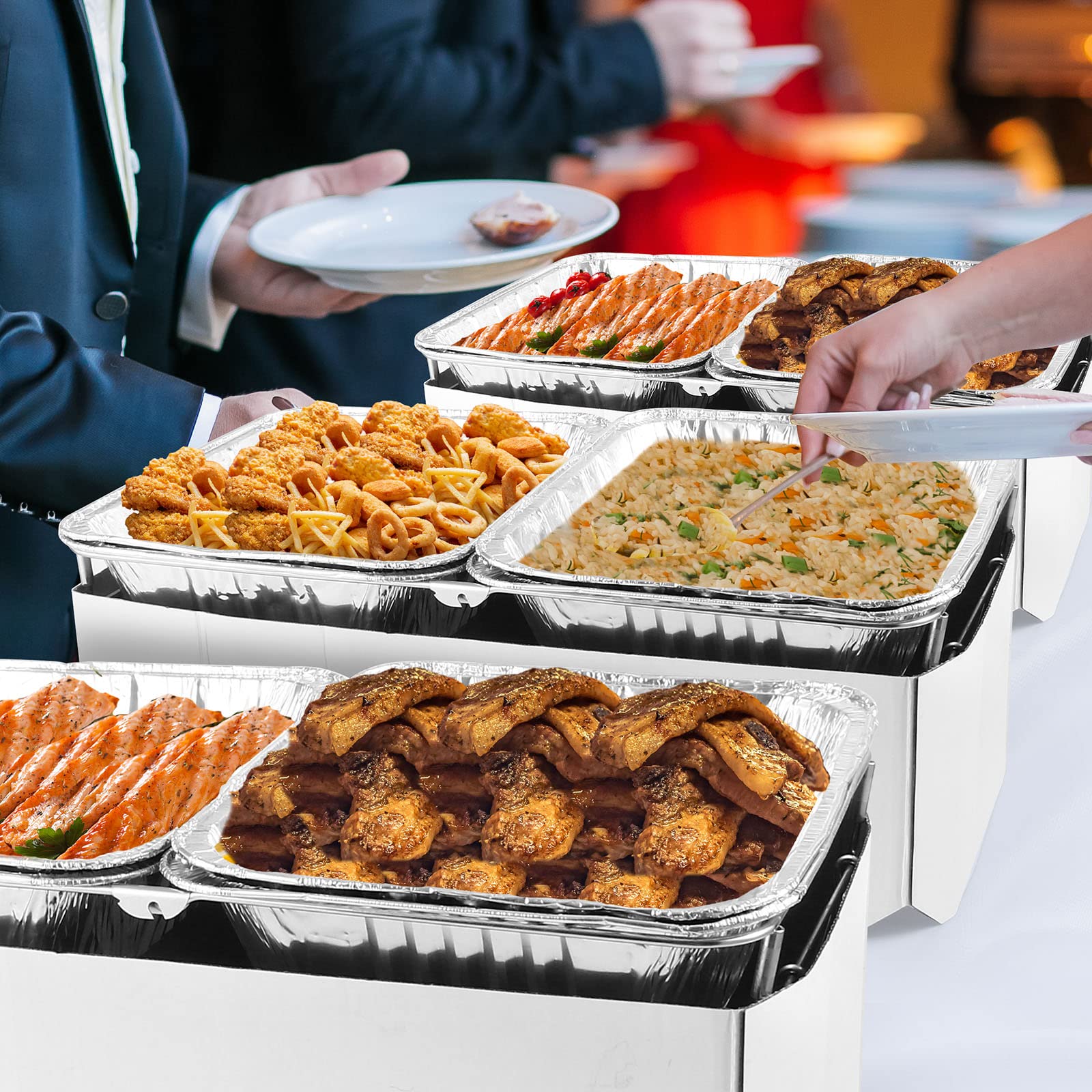 Restlrious Chafing Dish Buffet Set Disposable 4 Pack Full Size Aluminum Buffet Serving Kit, Chafer Stand Kit for Food Warmer in 36 Pieces w/Food Pan Water Pan & Utensils, for Parties Events BBQ