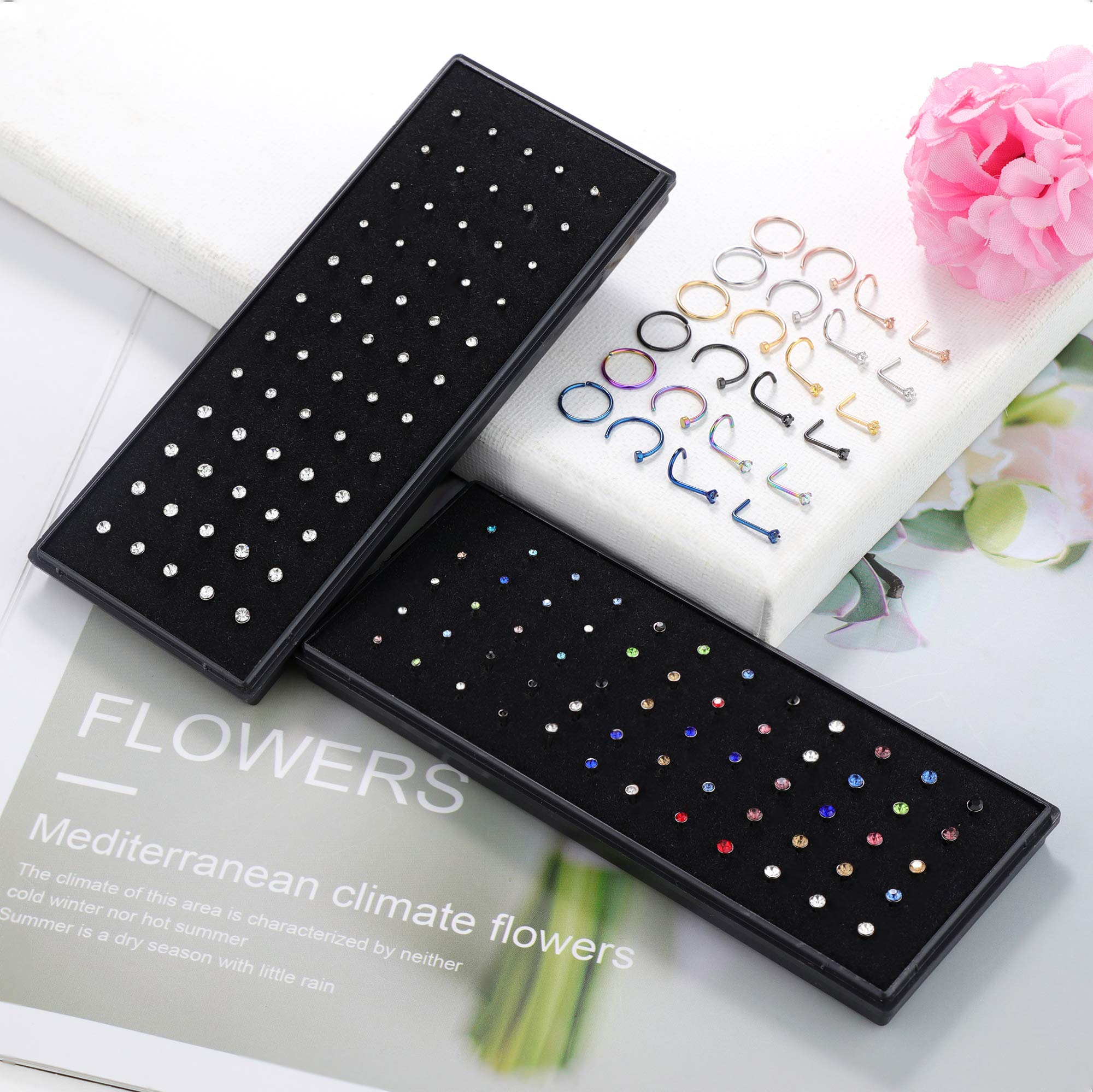 LOLIAS 144 Pcs Stainless Steel Hoop Nose Rings Nose Ring Stud Body Piercing Jewelry CZ Inlaid
