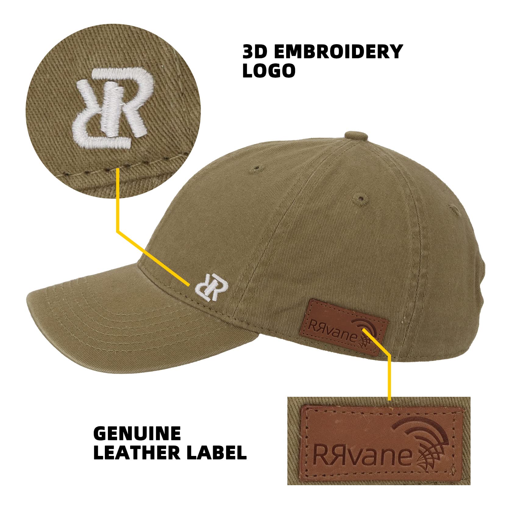 RRvane Classic Cotton Baseball Cap, Unstructured Adjustable Dad hat with Vintage Washed (Khaki)