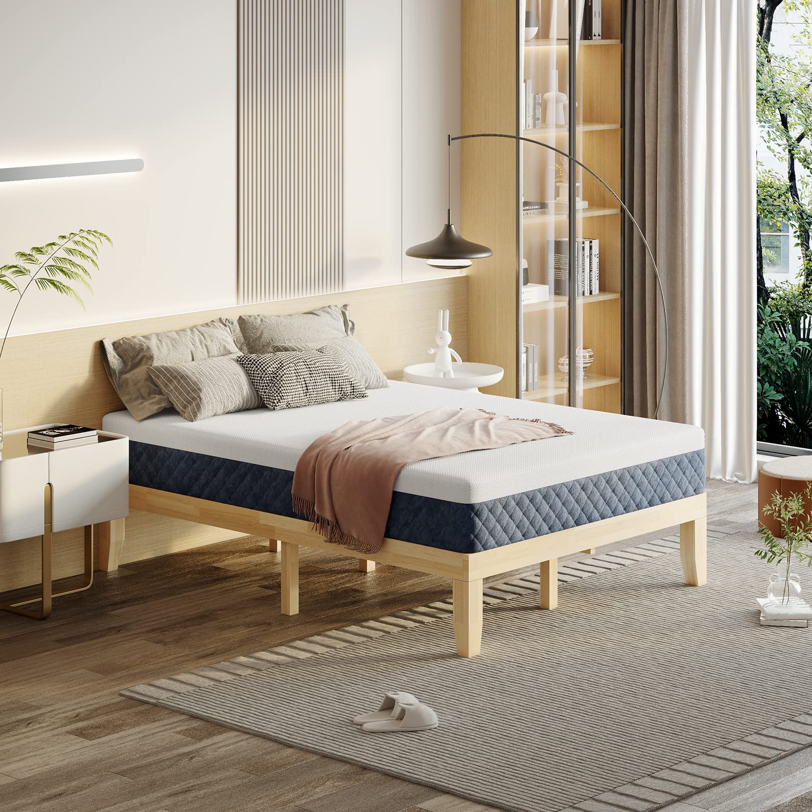 KOMFOTT 14 Inches Wood Platform Bed Frame Full Size, Solid Wood Mattress Foundation with Rubber Wood Frame, Strong Poplar Wood Slat Support, No Box Spring Needed, Bed Frame (Natural)