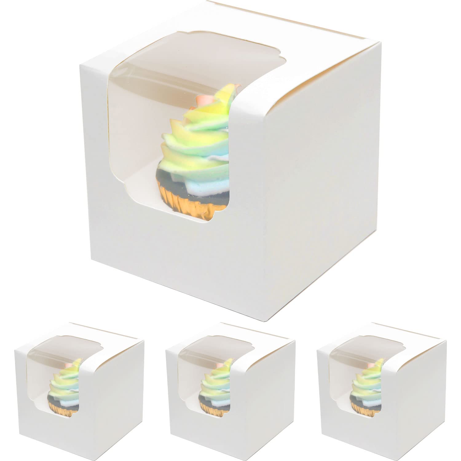 qiqee 100pcs Auto-Popup Mini Cupcake Boxes Individual White 2.5" x 2.5" x 2.5" Single Cupcake Carrier Container for Wedding Favor Birthday & Party(Mini Size)