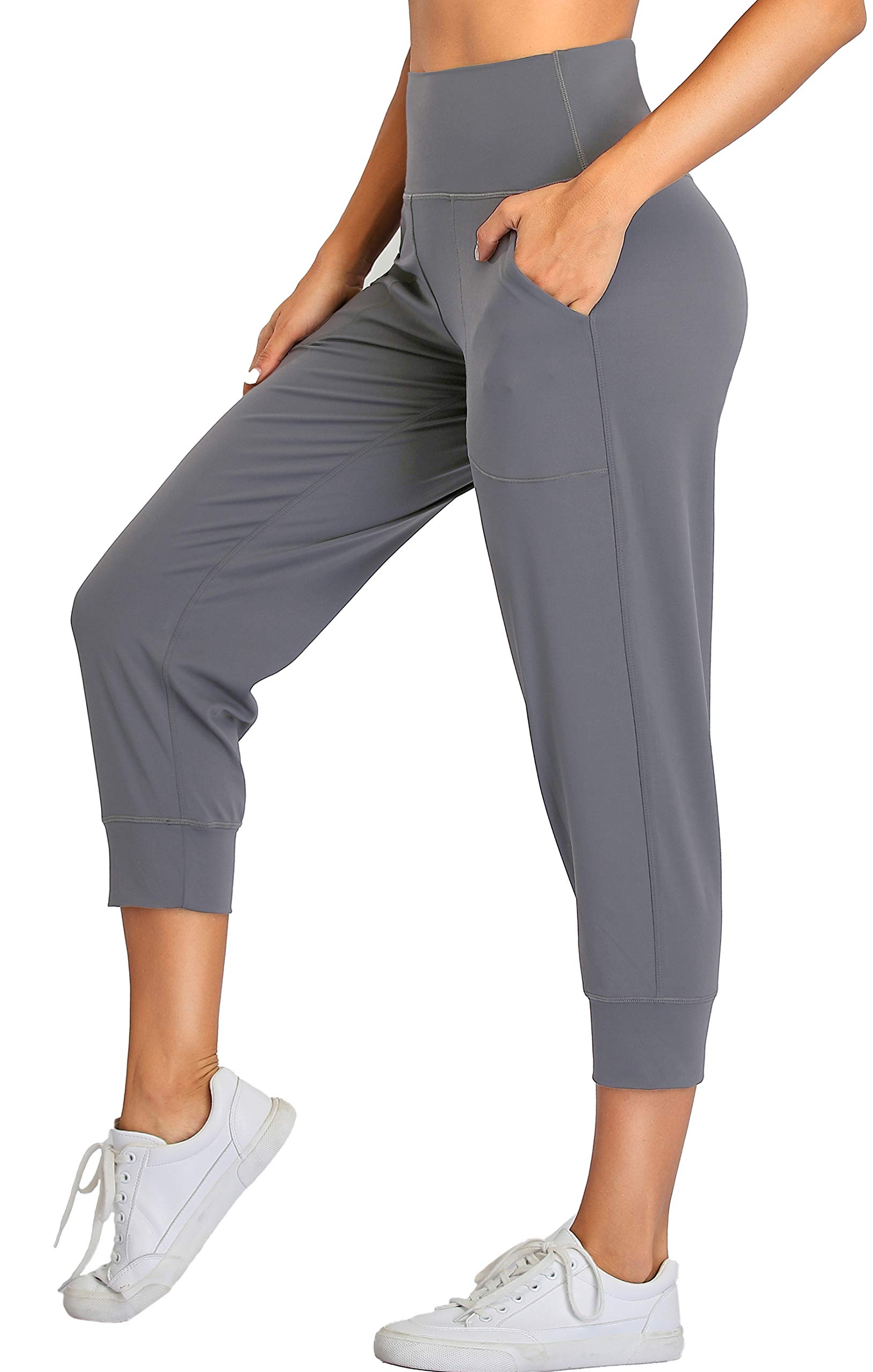Oalka Womens Capri Joggers High Waist Pockets Running Sweatpants Jogger Pants Light Grey M