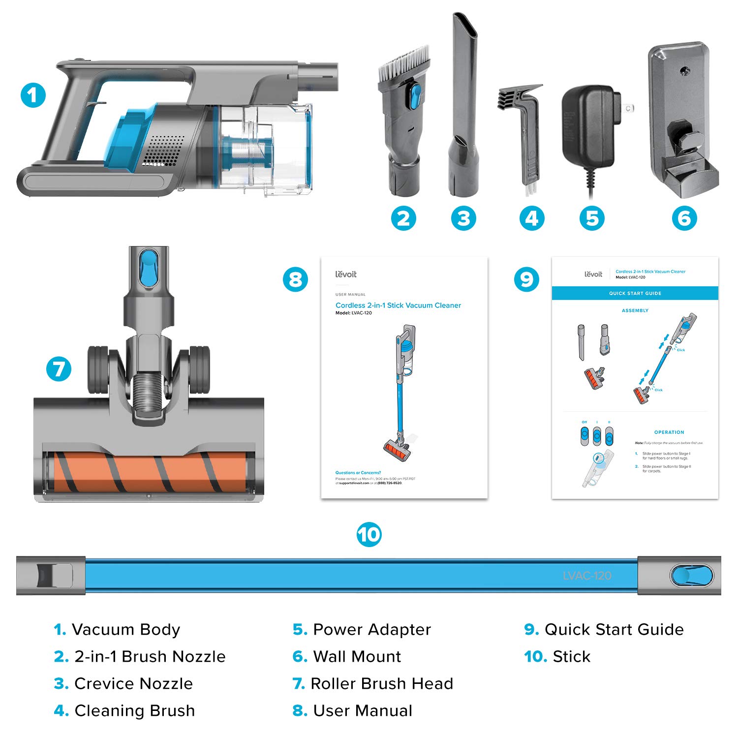 LEVOIT Cordless Vacuum Cleaner, Stick Handheld Lightweight Vacuum with 150W Powerful Suction for Hardwood Floor Pet Hair Carpet Car, Rechargeable Lithium Ion Battery and LED Brush, Blue & Gray