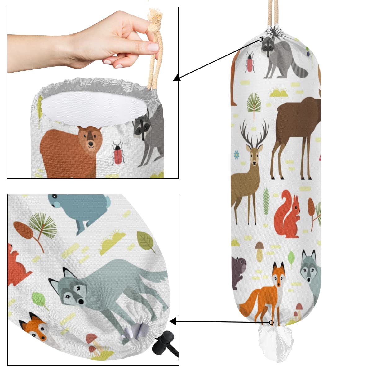 Plastic Bag Holder Cartoon Wildlife Wall Mount Grocery Bag Organizer Holder Hanging Trash Bag Storage Dispenser for Home Kitchen Pantry Door Organization Decor
