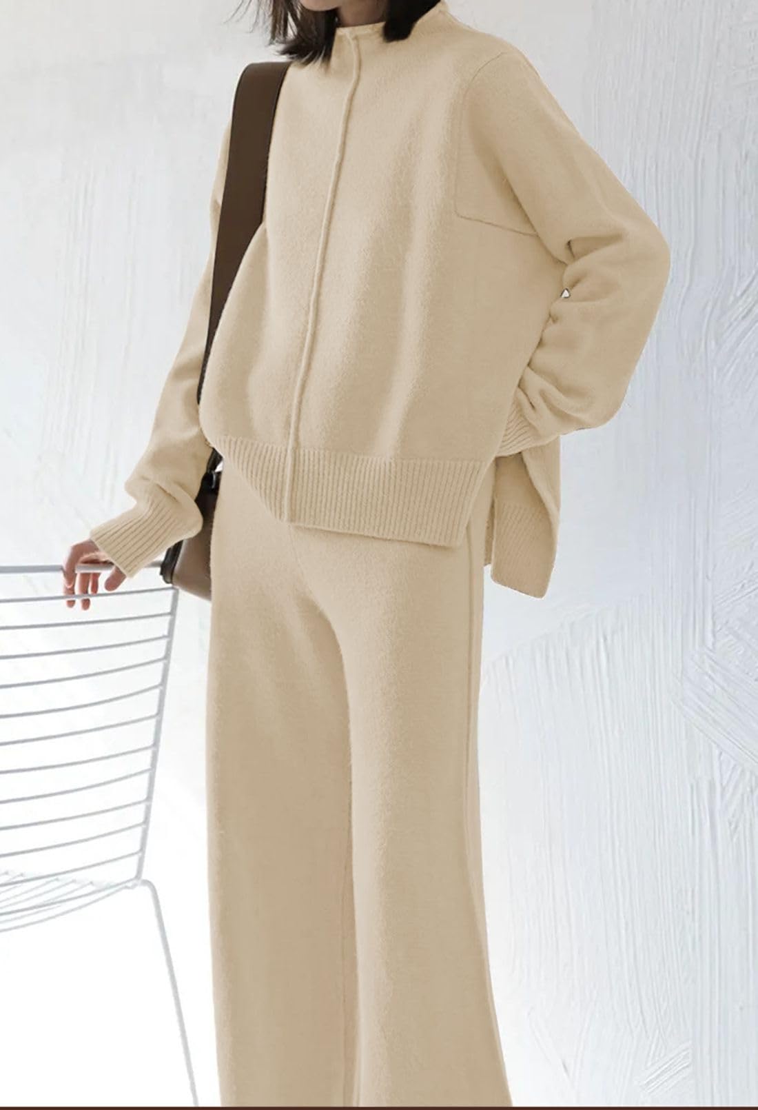 Linsery Womens Tracksuits Winter Casual Two Piece Set Women Knitted Loose Sweater Pullover Top Wide Leg Pants Suit Outfit Apricot Medium