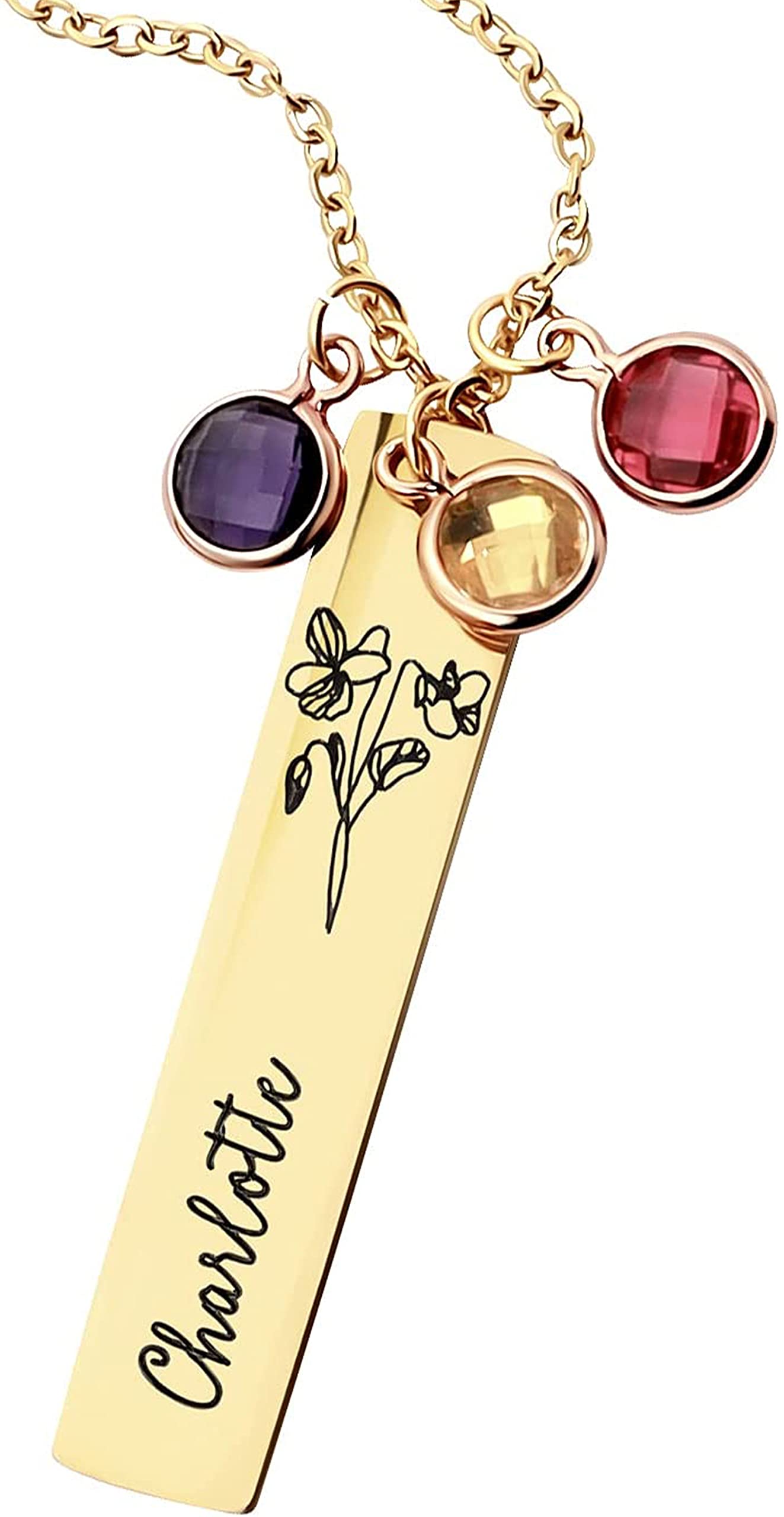 MignonandMignon Flower Birthstone Gold Name Graduation Necklace 2021 Personalized Gift for Her Bar Necklace Mothers Day Gift Floral Jewelry Personalized Jewelry - 8N-FLBS-G