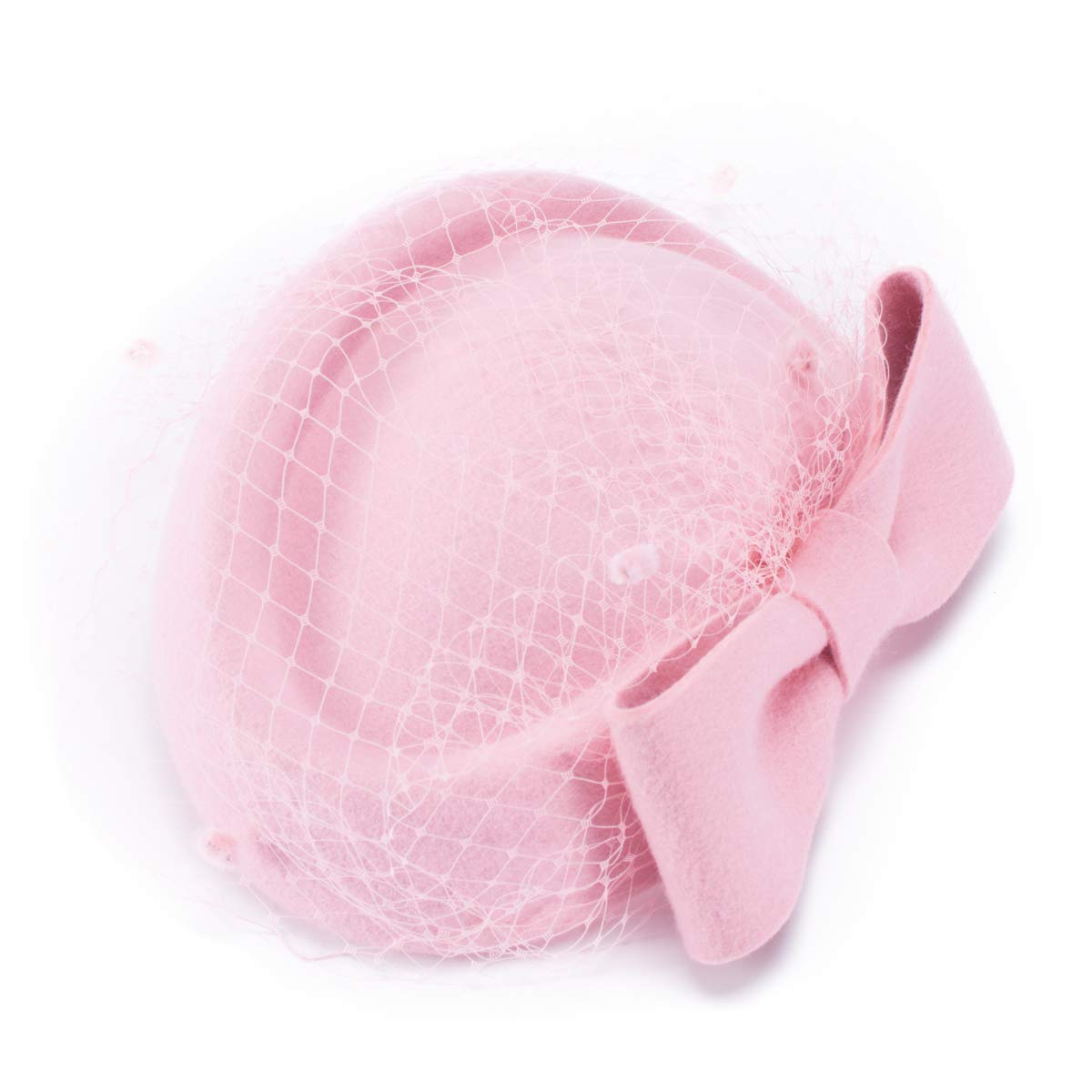 Lady Womens Dress Fascinator Wool Felt Pillbox Hat Party Wedding Bow Veil A082 (Pink)