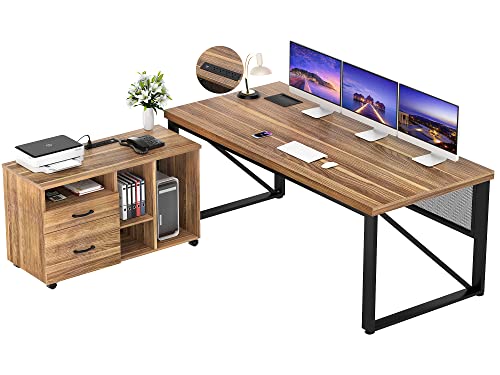 Unikito 55 Inch Executive Desk and Lateral File Cabinet, L Shaped Office Desk with Power Outlet and USB Port, Large Computer Table Home Office Furniture with Drawers and Storage Shelves, Rustic Walnut