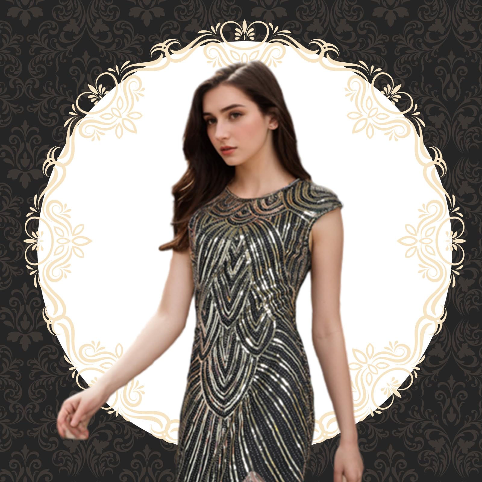 PLULON 1920s Sequin Beaded Fringed Flapper Dress Great Gatsby Dresses for Women with roaring 20s Costumes Accessories Set (Gold and Black,XLarge)