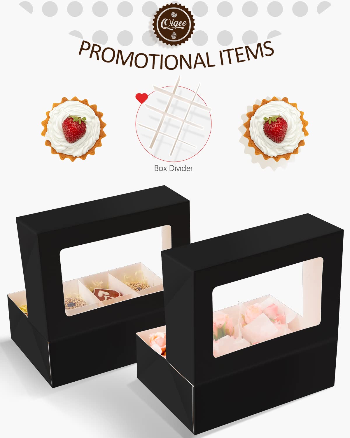 qiqee Black 6 Cupcake Boxes with Window Auto-pop up 30 Packs Cupcake Box 9"x6.1"x3.3" Bakery Boxes For Cupcakes Carrier, Cupcake Containers