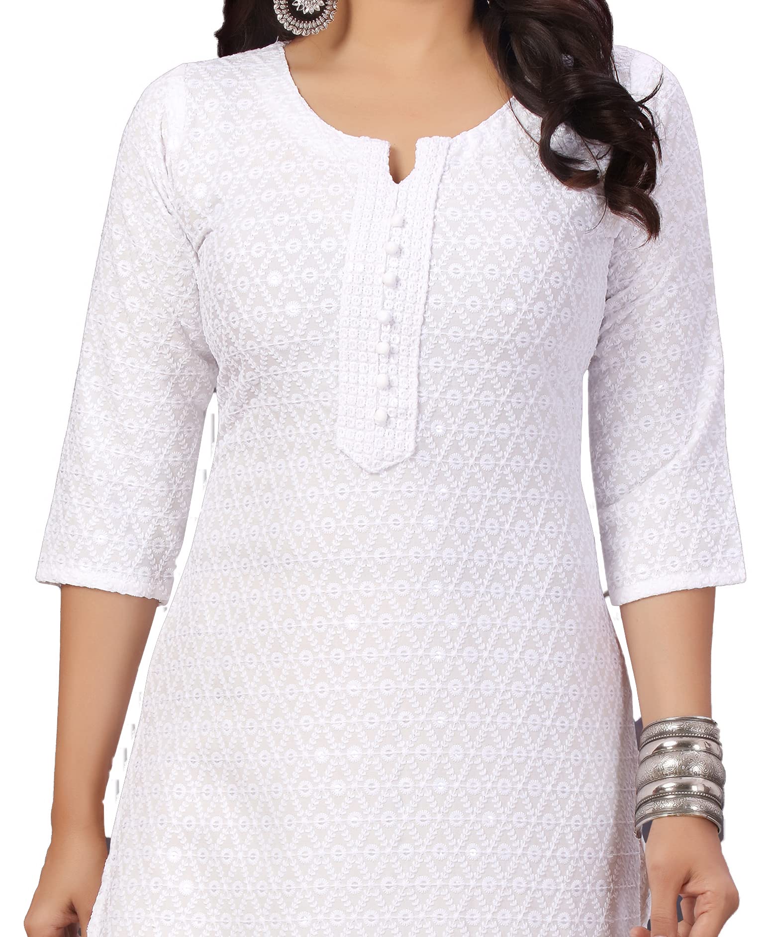 ladyline Rayon Hakoba Chikhan Embroidery & Sequins work Kurti for Womens Tunic Top Indian Kurta (White, Size-46)
