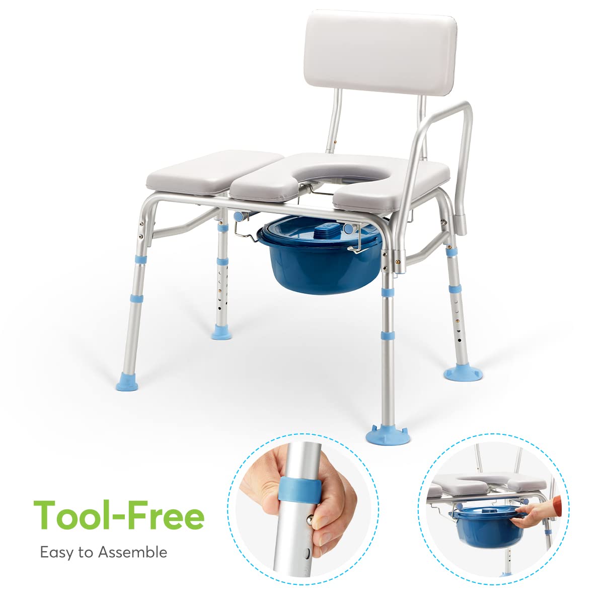 OasisSpace Bathtub Transfer Bench with Commode Opening - Combination Padded Shower Transfer Bench with Removable Backrest & Adjustable Legs, Tub Bench with Cutout Seat for Handicap, Disabled, Seniors