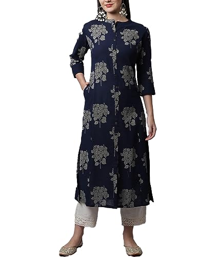 ladyline Women's Cotton Ethnic Printed Tunic Top Front Slit Roll-Up Sleeves Buttons Down Neck Long Kurti Kurta (48/Navy-Blue)