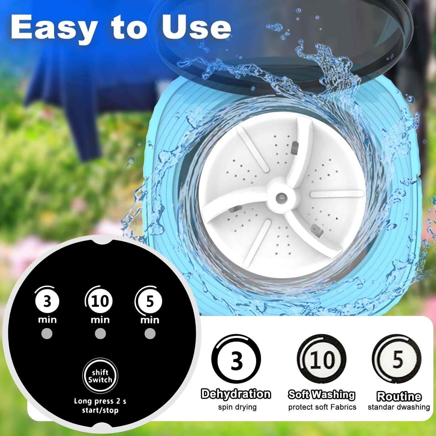 YLTIMER Portable Washing Machine, 8L Small Foldable Washing Machine with Spin,Collapsible Mini Washer and Dryer for Travel, Apartment, Socks, Underwear (Blue)