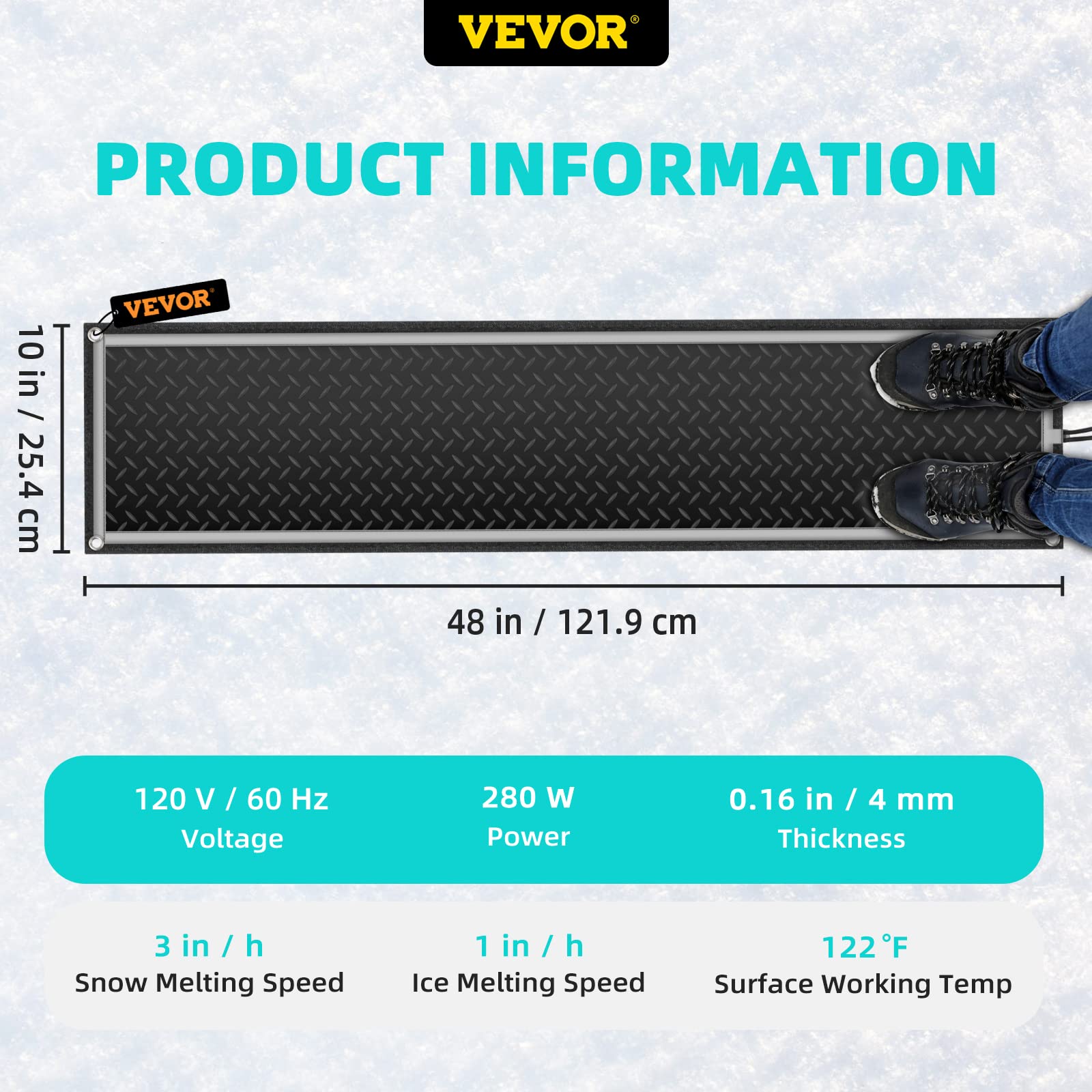 VEVOR Snow Melting Mat, 10 x 48 inch, 3 in/h Speed, Heated Outdoor Doormat for Winter Stairs, No-Slip Rubber with Plug, Power Cord, Outlet Timer, Reflective Strip, Velcro, Ground Stake, 10β x 48"