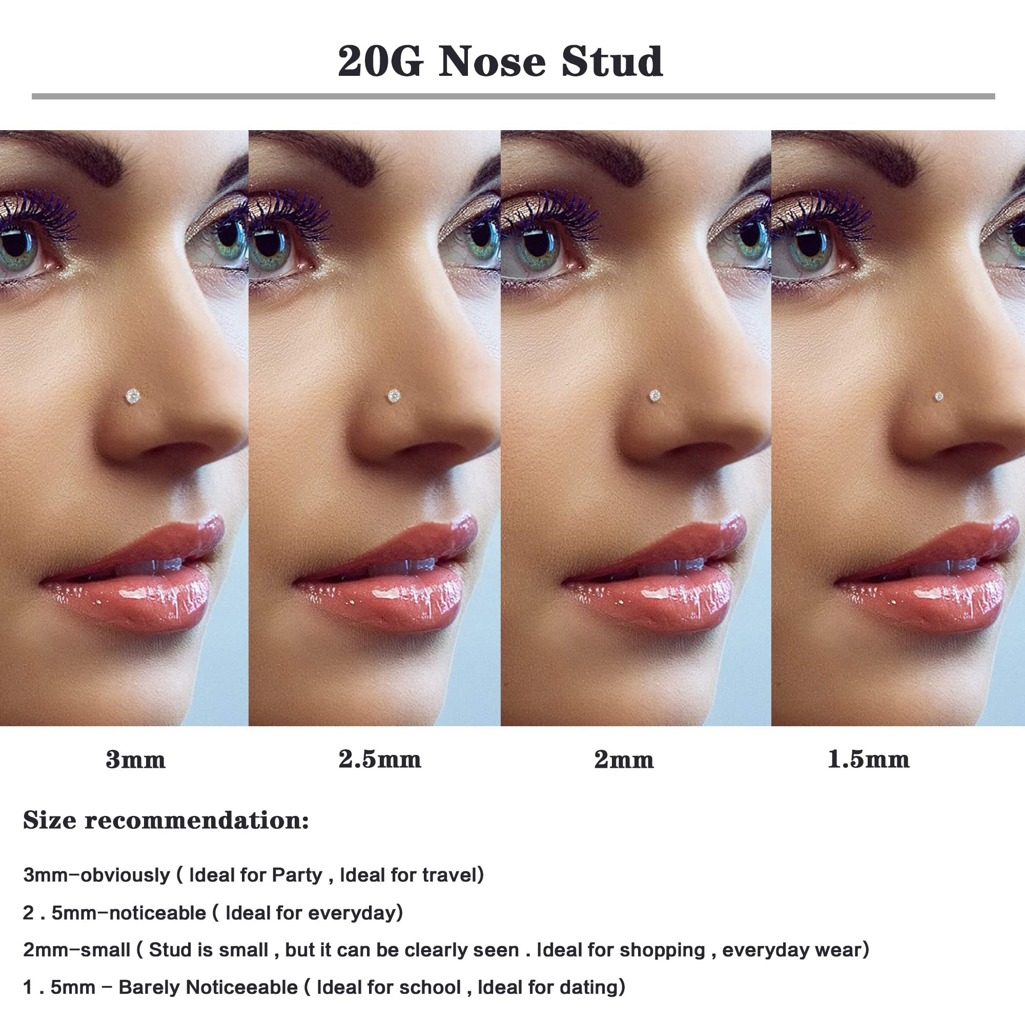 MILACOLATO 20G Titanium Nose Ring for Women Men 1.5mm 2mm 2.5mm 3mm CZ Nose Rings Studs L Shape Nostril Piercing Jewelry